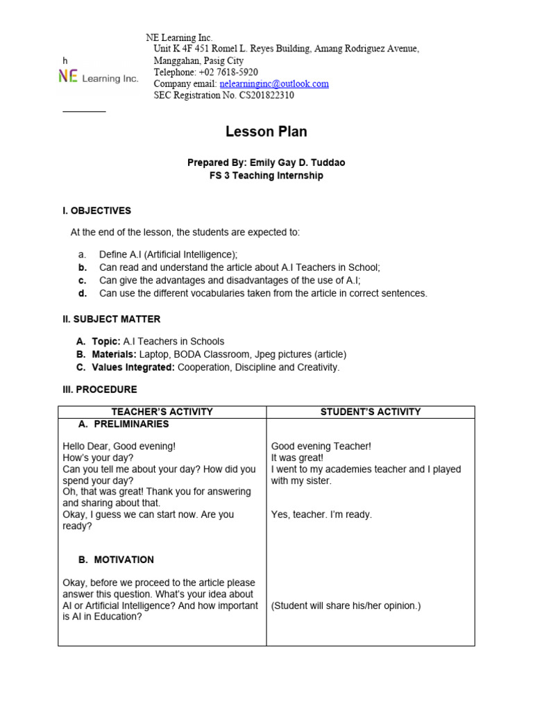 FS3 Teaching Internship-Lesson plan | PDF | Artificial Intelligence ...