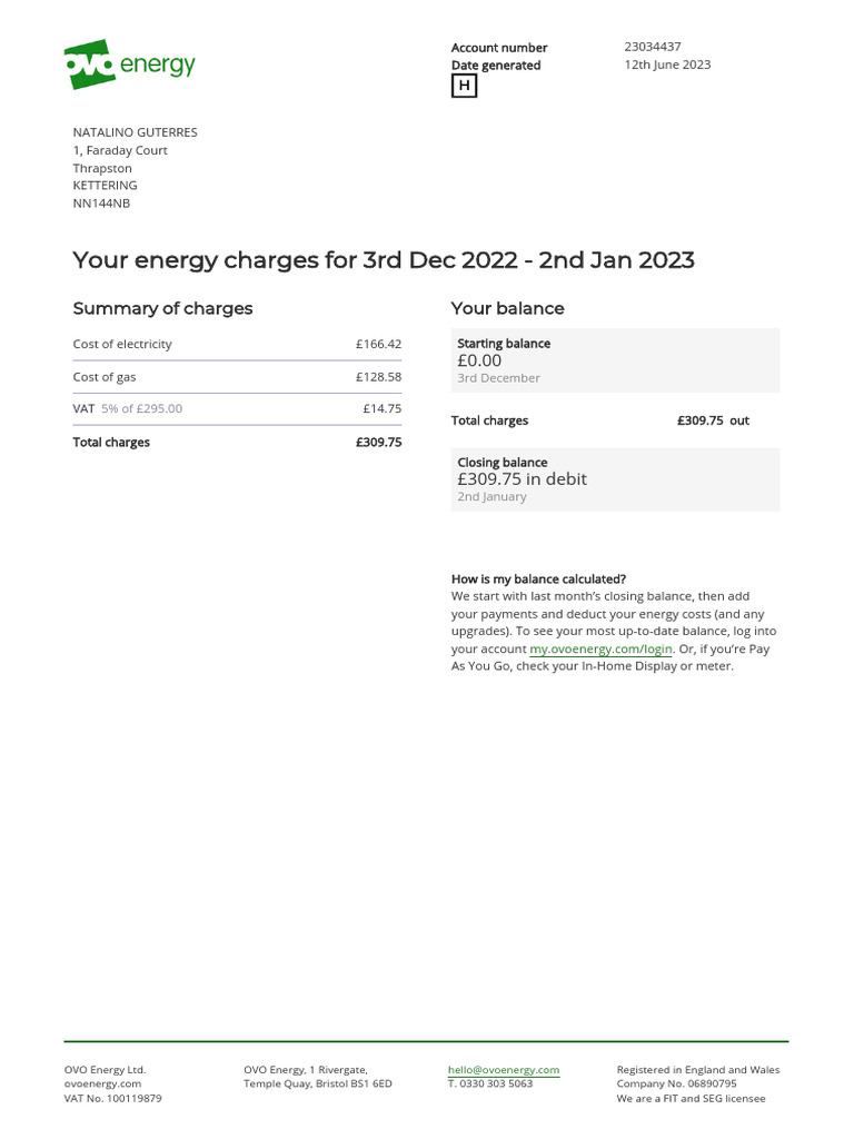 OVO Energy Bill Summary Dec-Jan | PDF | Electric Power | Physical ...