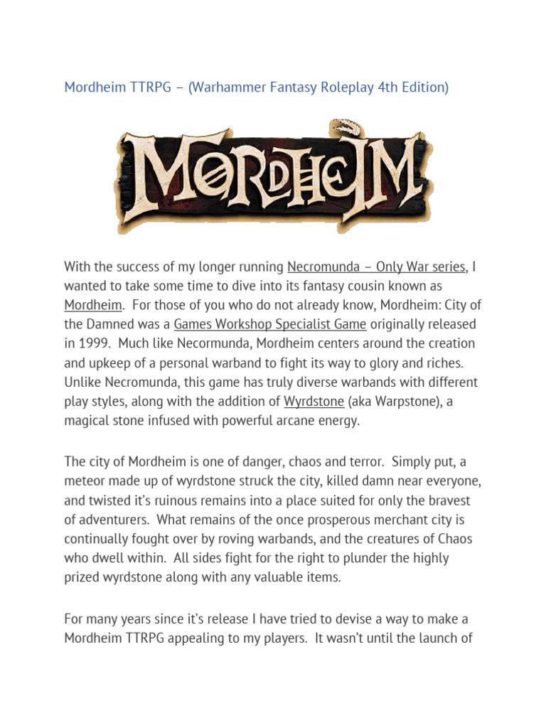 Mordheim TTRPG - (Warhammer Fantasy Roleplay 4th Edition) | PDF