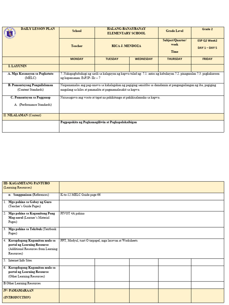 DLP Esp Week 2 Day 1-5 | PDF