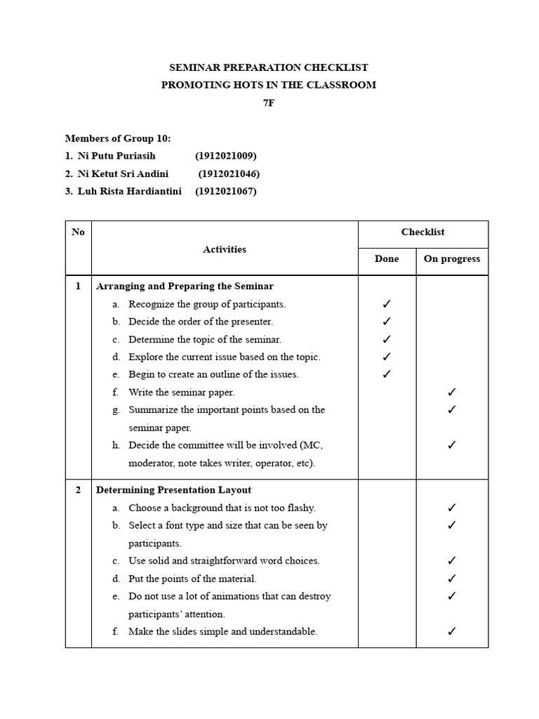 7F - Group 10 - Seminar Preparation Checklist | PDF | Career & Growth