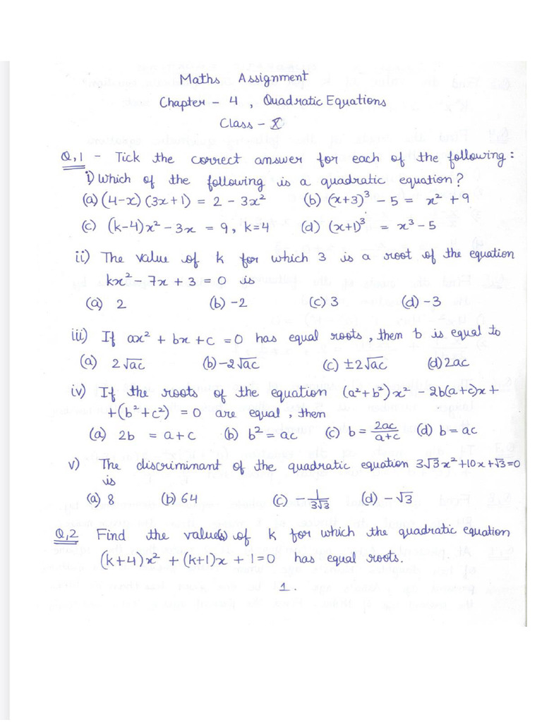 Class 10th Quadratic Equation Assignment | PDF