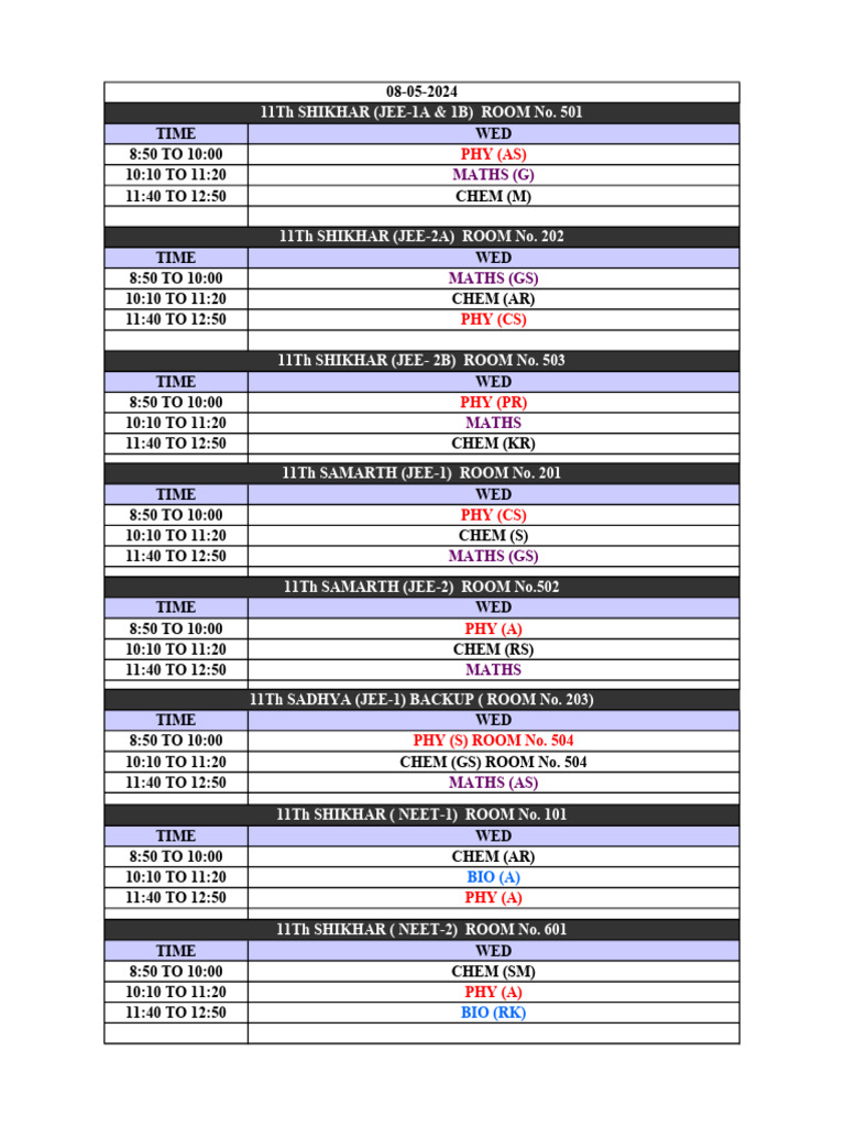 Wednesday Class Schedule Overview | PDF