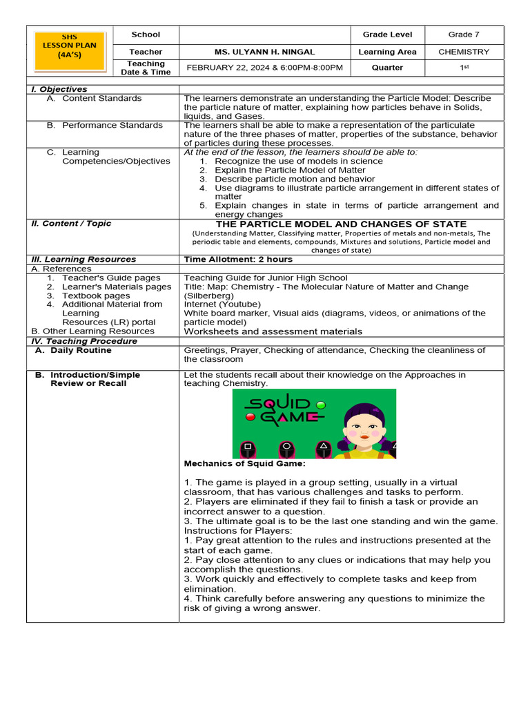 LESSON PLAN (ADVANCED CHEMISTRY) NINGAL, ULYANN H. | PDF | Mixture ...