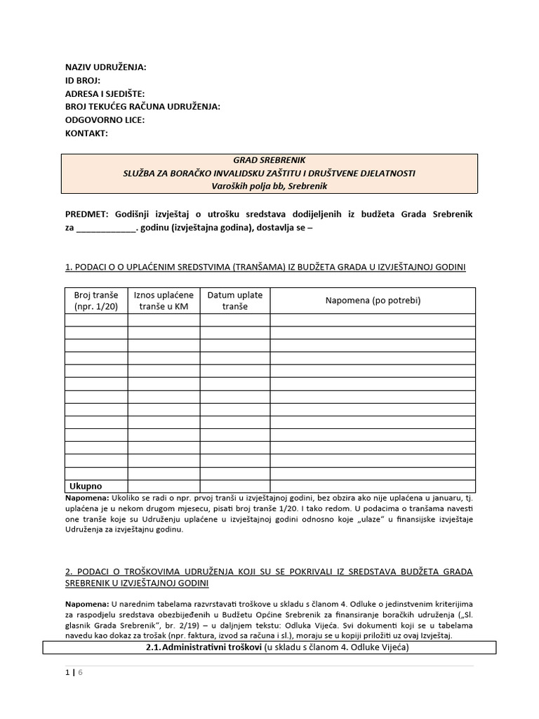 Boracka Udruzenja-Obrazac Godisnjeg Izvjestaja o Utrosku | PDF
