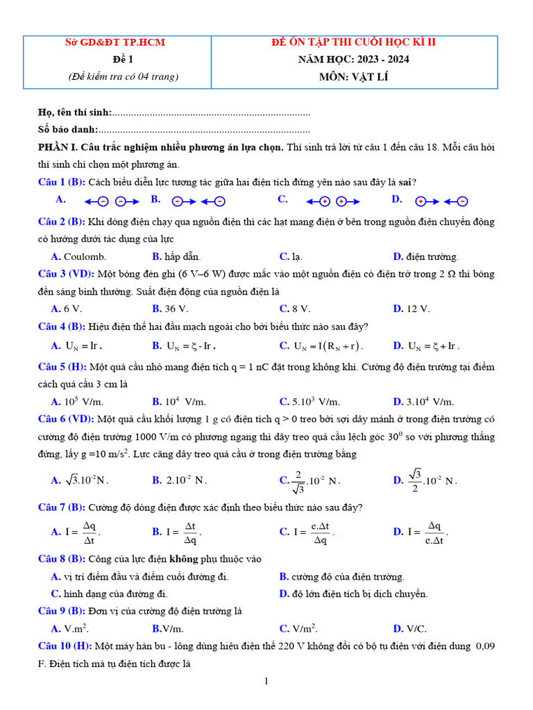 Đề ôn số 1 - HK2 | PDF