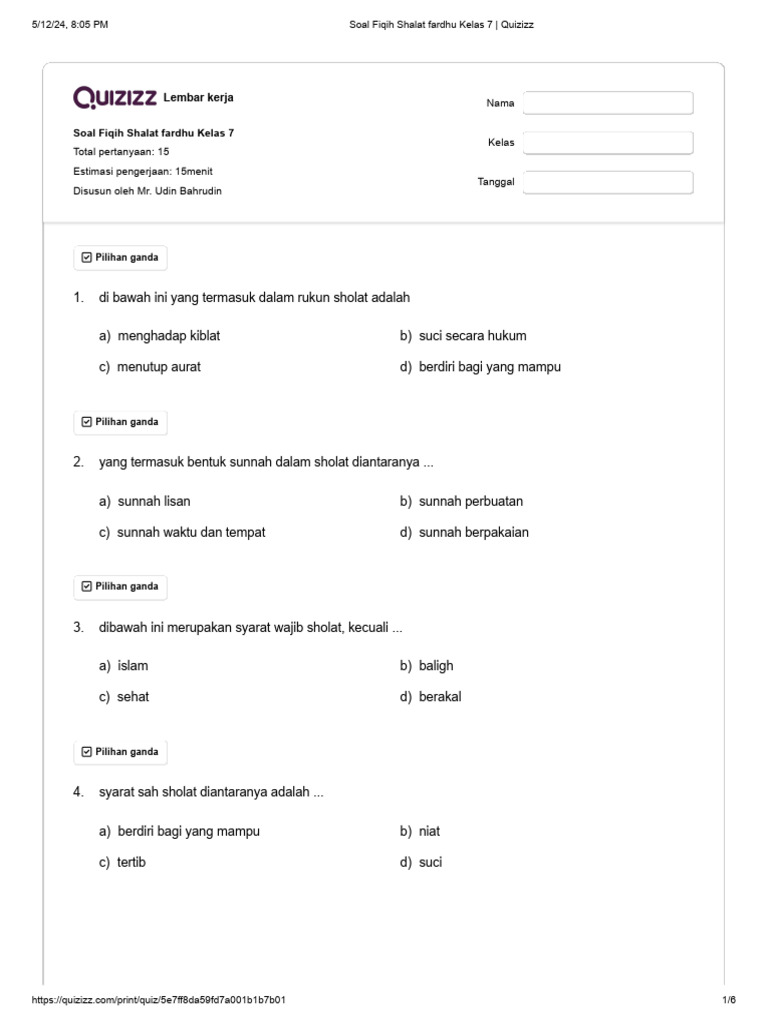 Soal Fiqih Shalat Fardhu Kelas 7 - Quizizz | PDF