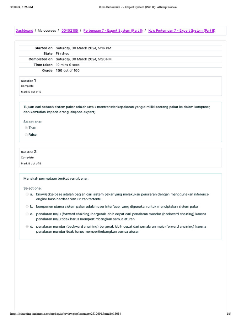 Kuis Pertemuan 7 - Expert System (Part II) - Attempt Review | PDF