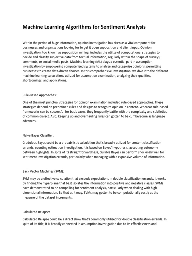 Machine Learning Algorithms for Sentiment Analysis | PDF | Support Vector Machine | Machine Learning