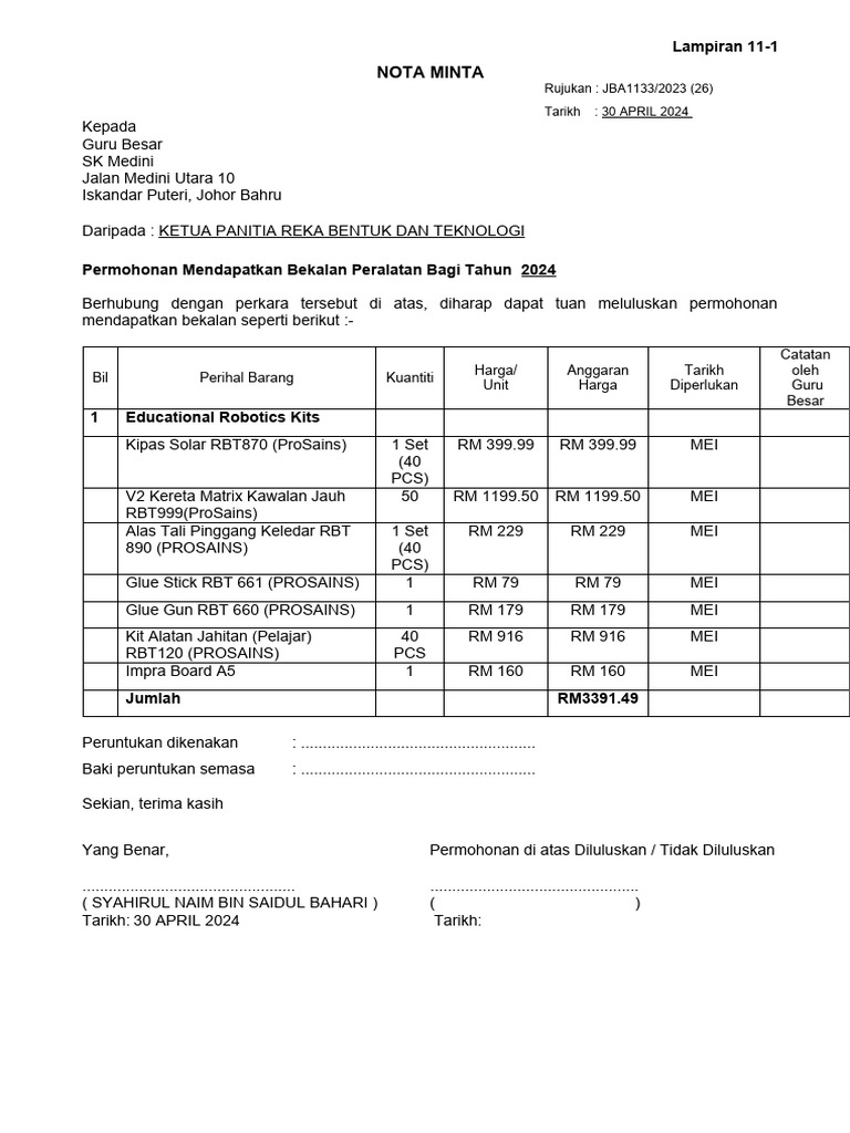 Nota Minta RBT 2024 | PDF