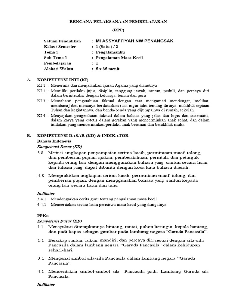 RPP Kelas 1 Tema 5 | PDF | Seni & Disiplin Bahasa