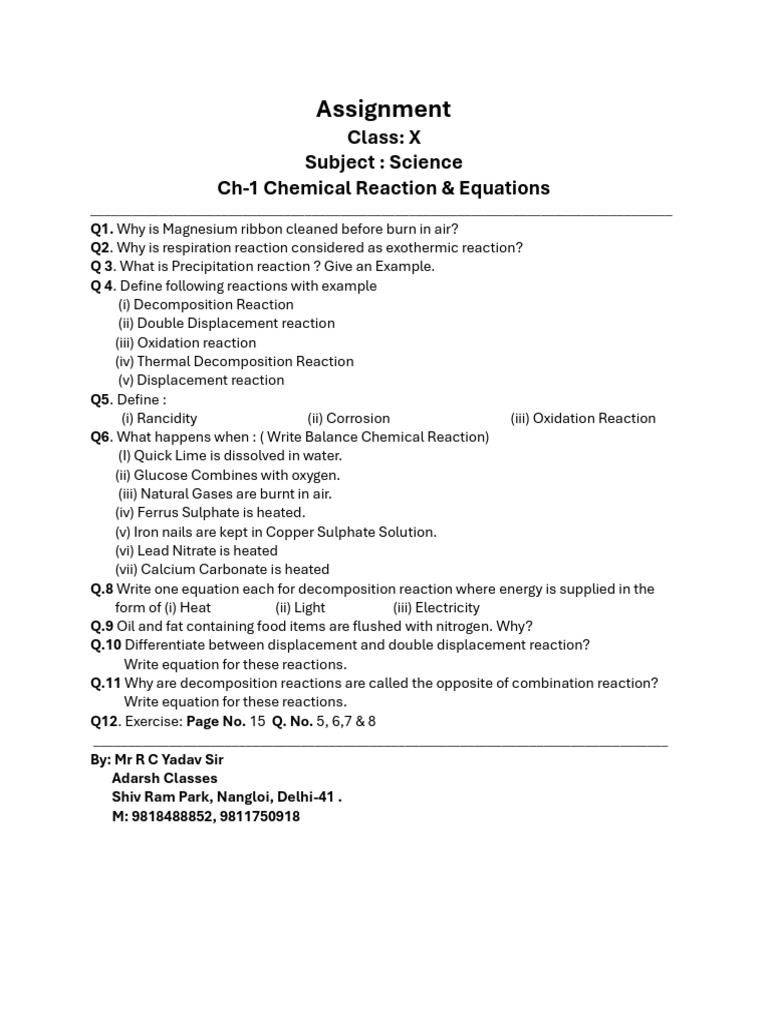 Assignment Class X Sci Ch-1 | PDF | Science & Mathematics