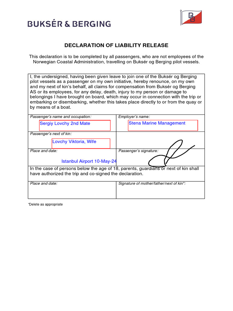 Edited Pilot Transportation Declaration of Liability Release 1 | PDF
