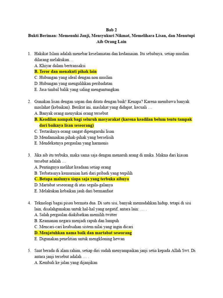 Latihan Soal PAI (Bab 2, 3, 5) - AAS 1 | PDF