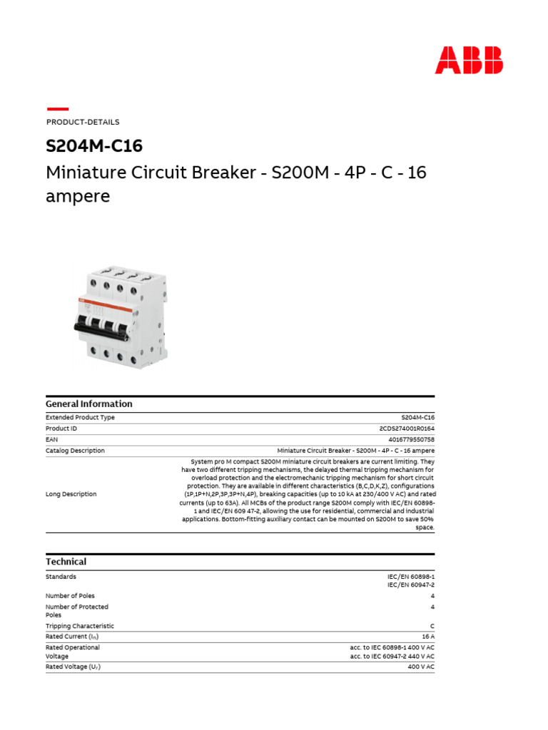 Miniature Circuit Breaker - S200M - 4P - C - 16 Ampere: Product-Details ...