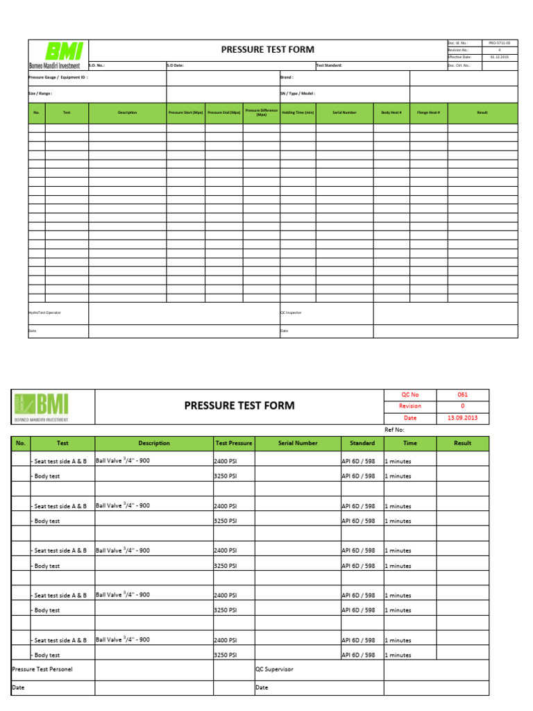 Pressure Test Form for Ball Valves | PDF | Equipment | Chemical Engineering