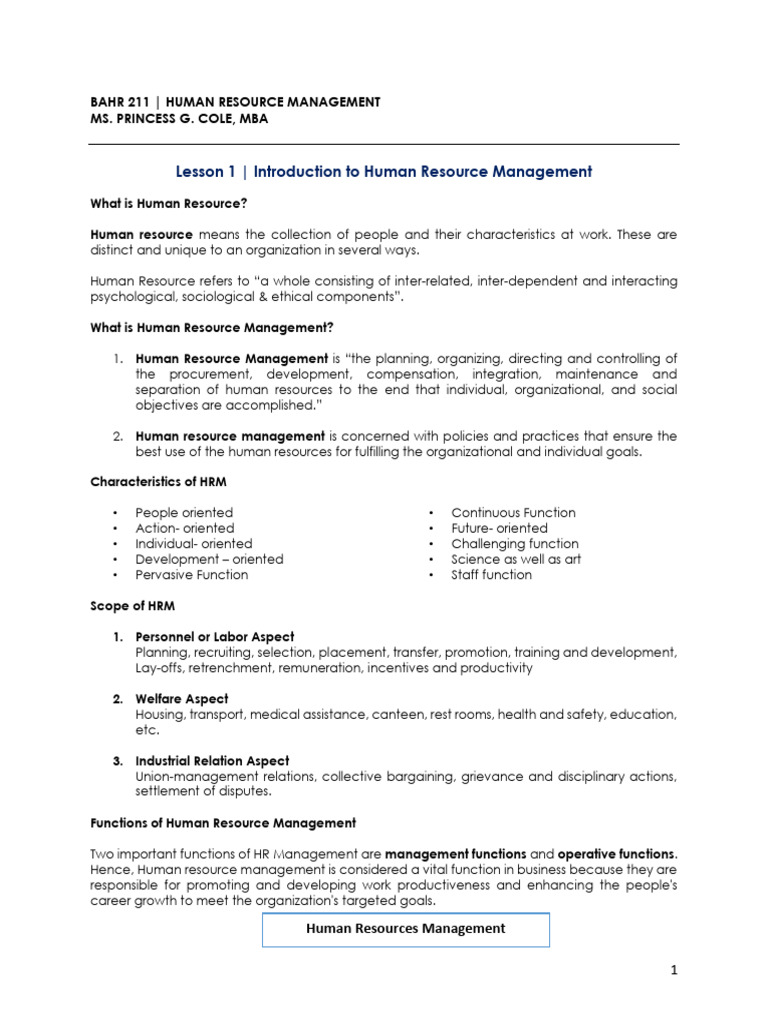 Lesson 1 Introduction to Human Resource Management | PDF | Human ...