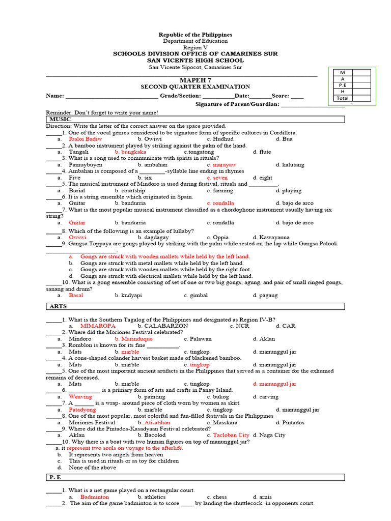 MAPEH 2NQ Quarter EXAM - key | PDF