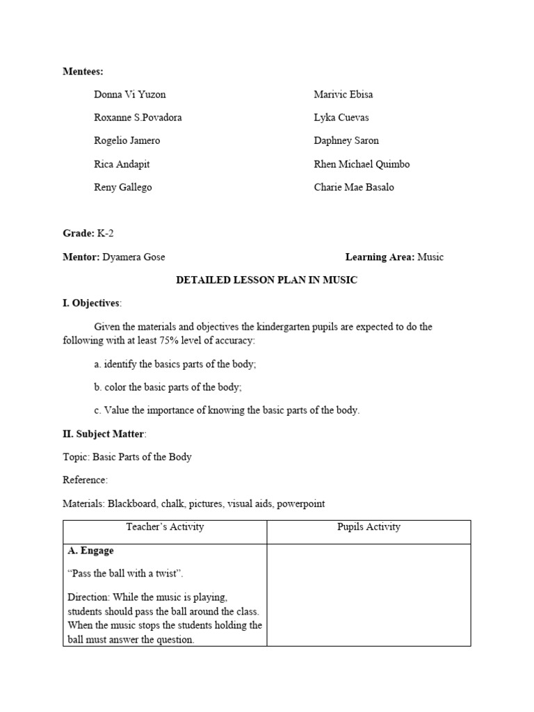 Kindergarten Music Lesson Plan: Body Parts | PDF | Arm | Hand