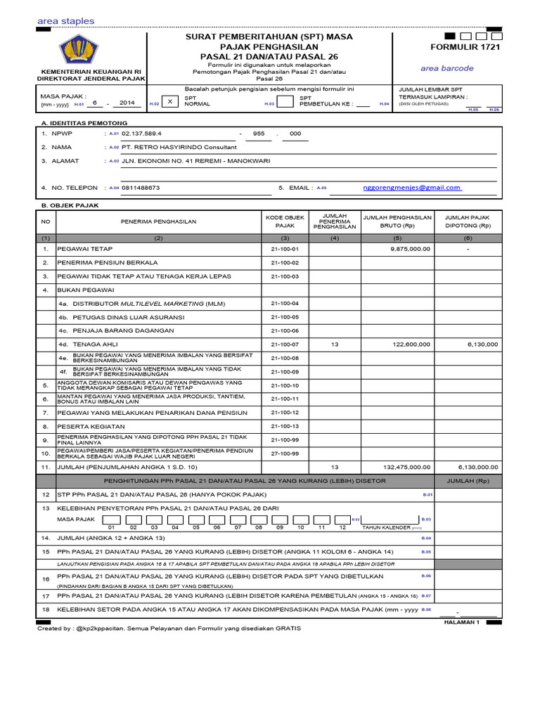 Form SPT PPH Pasal 21 - 26 2014 Tes | PDF