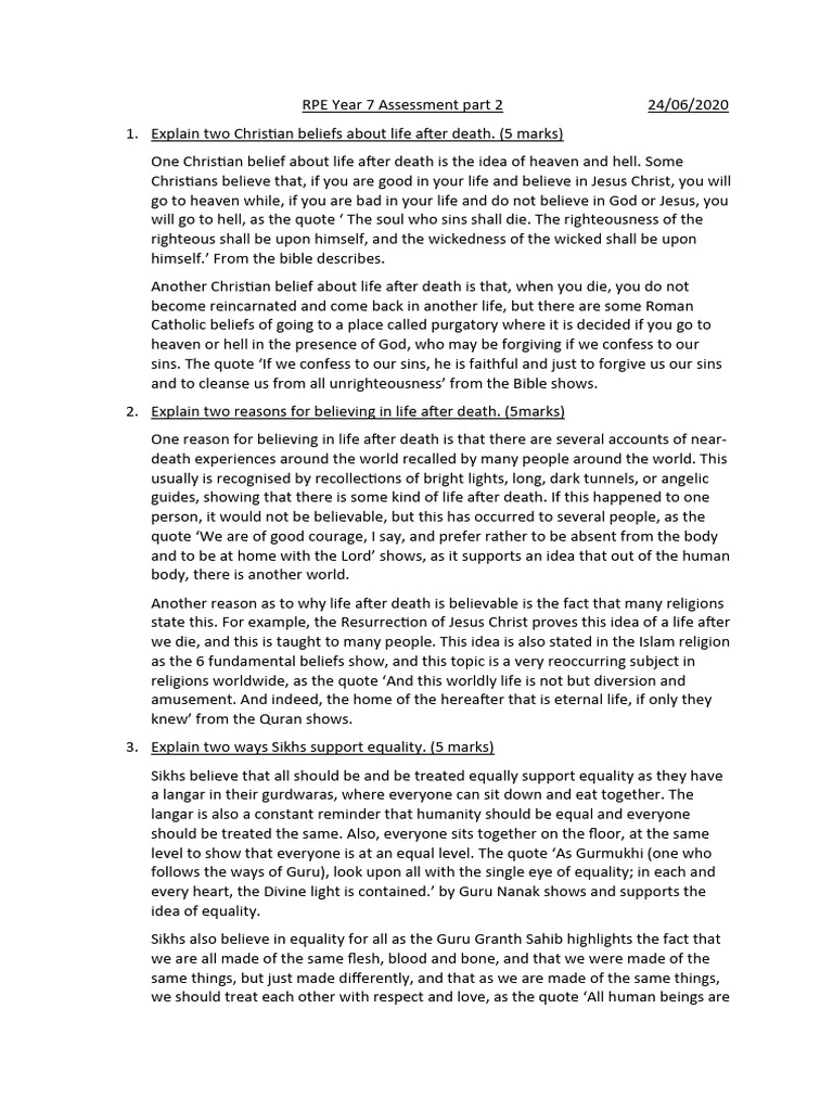 RPE Year 7 Assessment Part 2 | PDF | Afterlife | Religious Belief And Doctrine