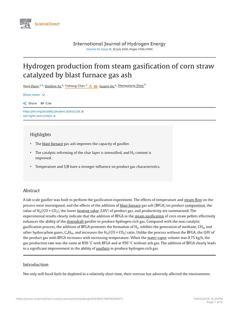 Hydrogen Production From Steam Gasification of Corn Straw Catalyzed by ...