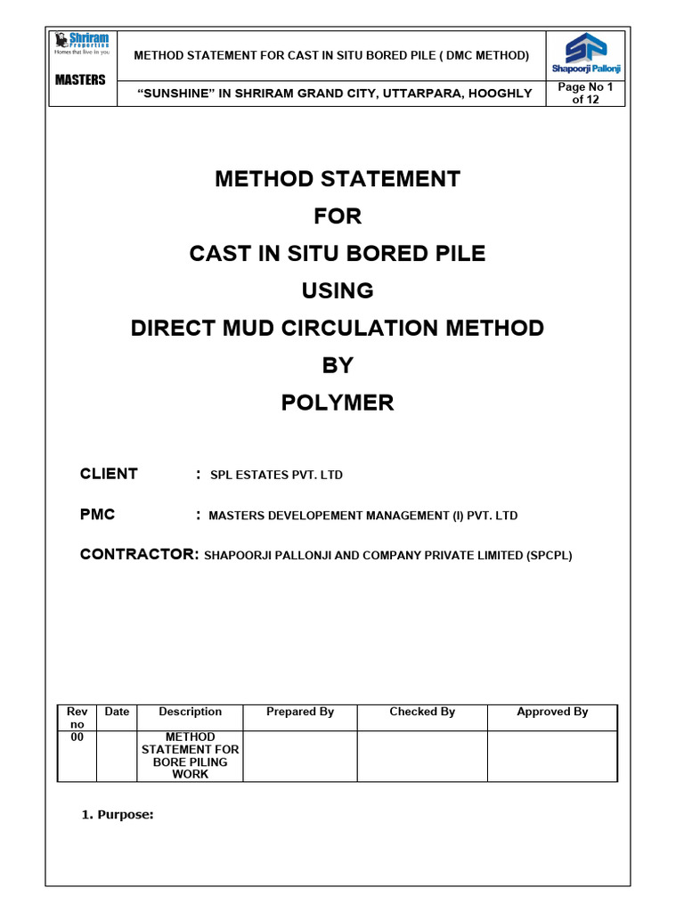 SPCL - Work Method Statement - DMC Cast in Situ Bored Pile | PDF | Deep Foundation | Water