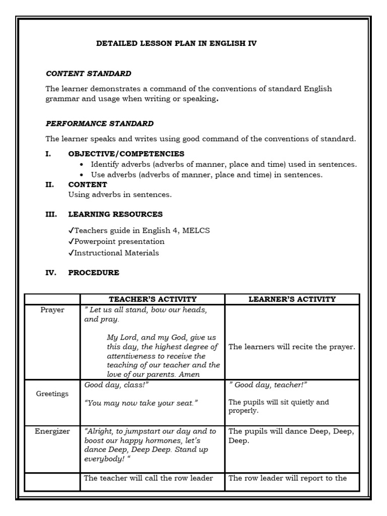 Adverbs Lesson Plan for Grade 4 | PDF | Learning | Teachers
