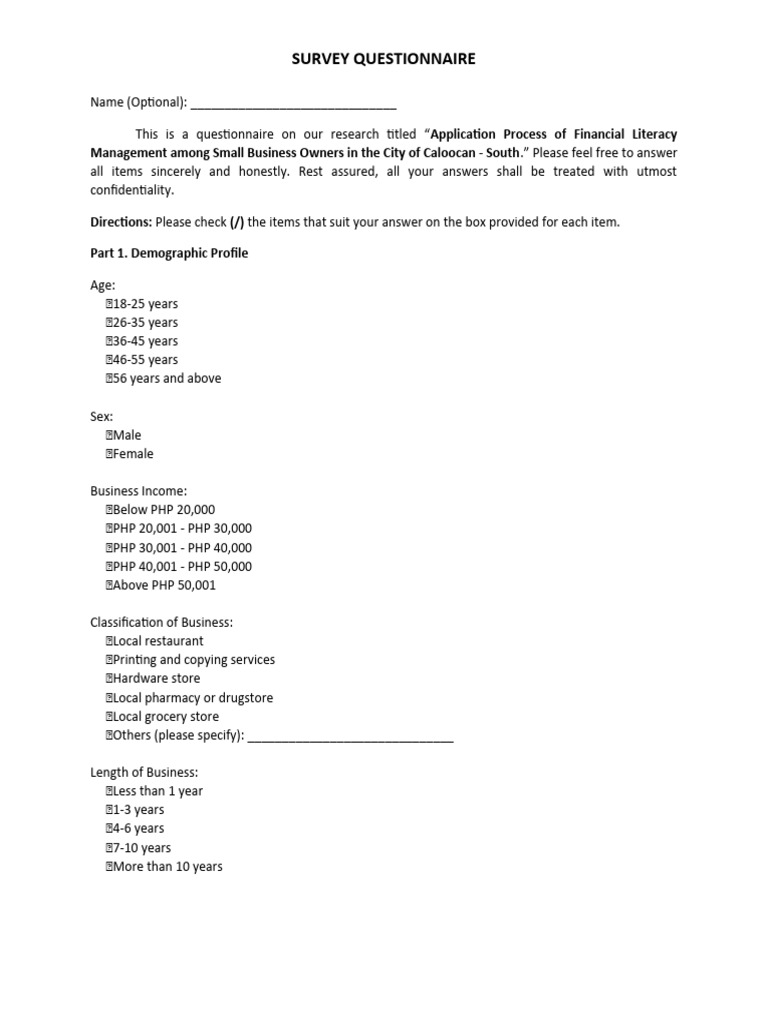 Survey Questionnaire | PDF | Financial Literacy | Literacy