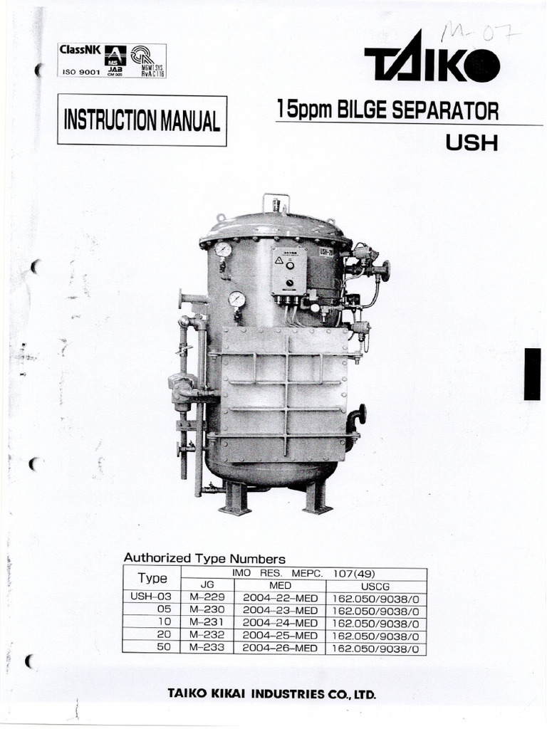 Taiko 15 PPM Bilge Seperator Instructional Manual | PDF