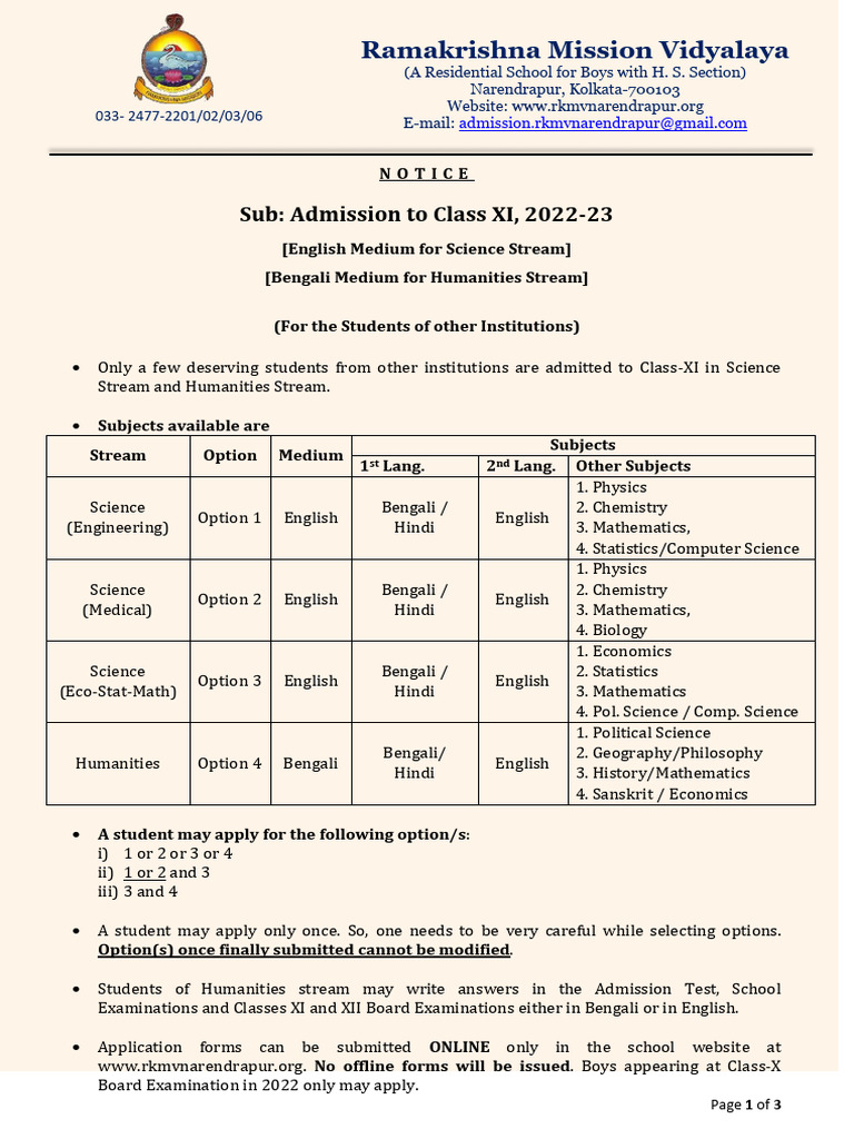Adm Test Notice Class XI 2022 | PDF | Online And Offline | Science
