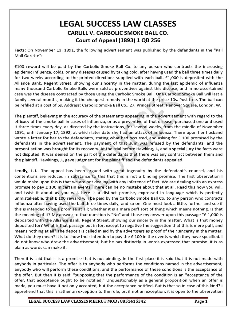 Carlill v. Carbolic Smoke Ball Co. Court of Appeal - 1893 - 1 QB 256 ...