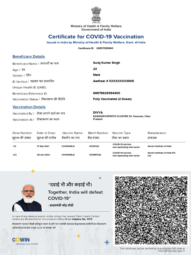 Covid 19 Vaccination Certificate | PDF | Pediatrics | Public Health