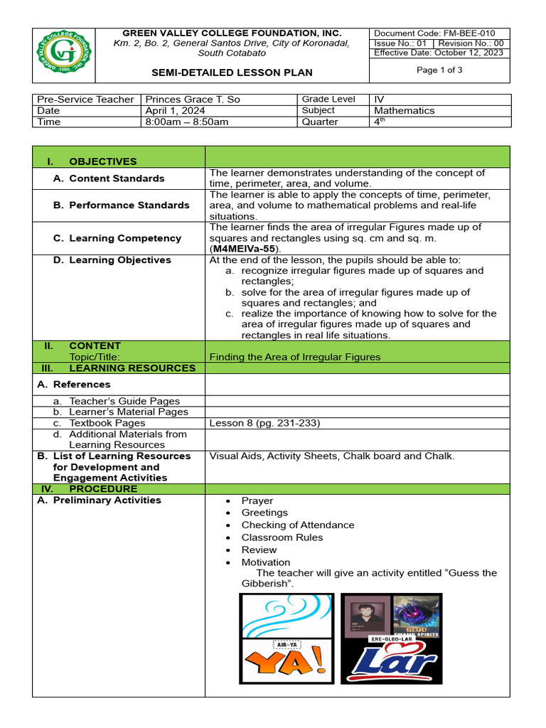 Topic 1 - Week 1 | PDF | Area | Lesson Plan