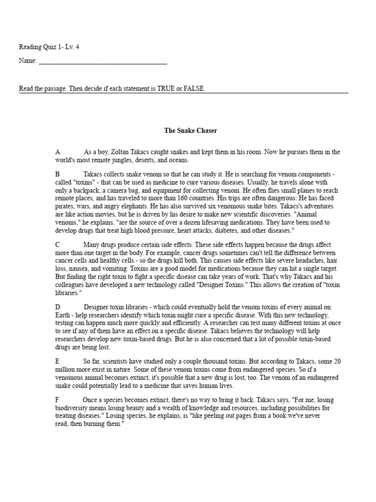 Reading Quiz | PDF | Venom | Toxin