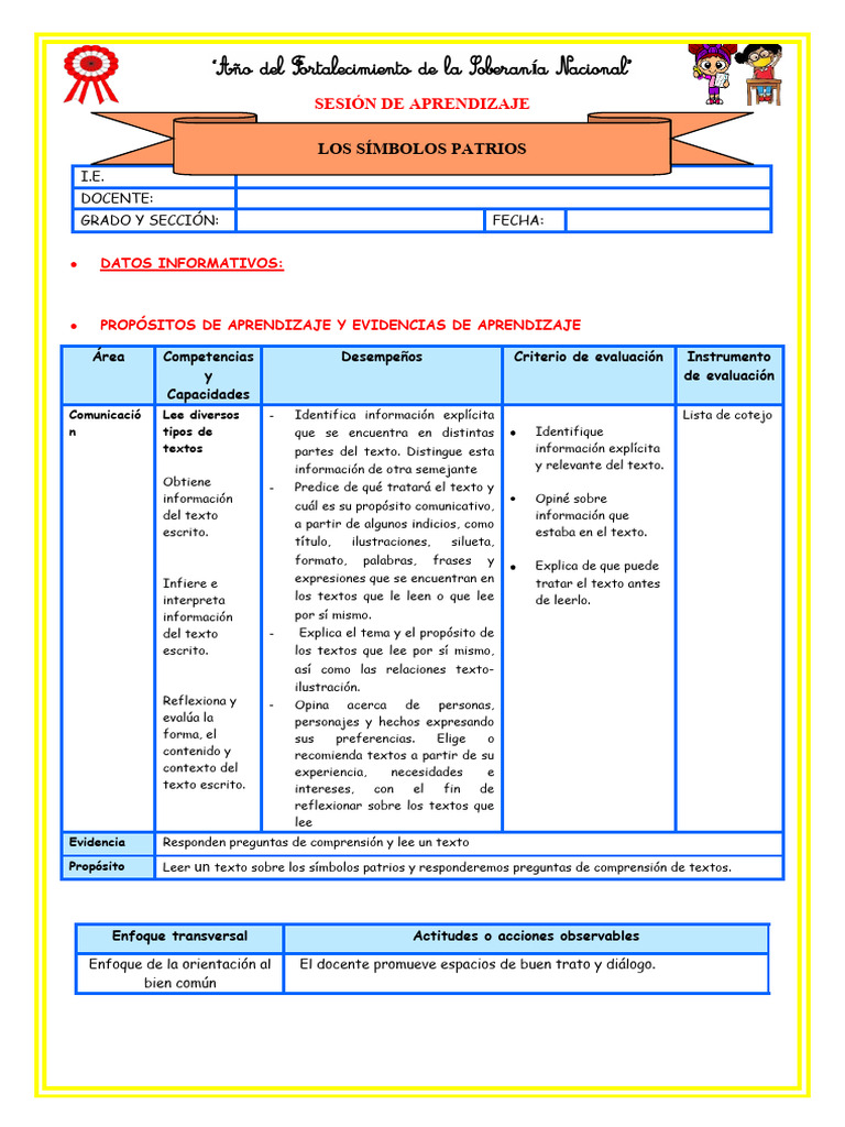 E5 S3 Sesión D4 Plan Lector Los Simbolos Patrios Pdf Evaluación