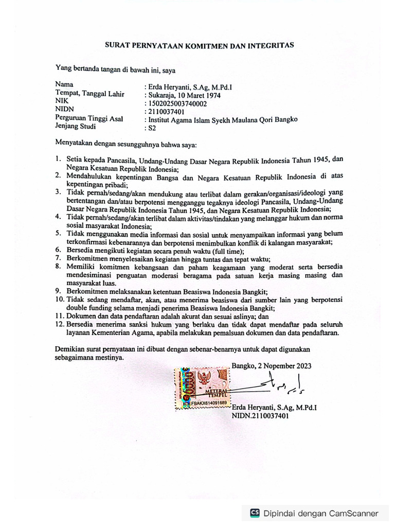 Surat Pernyataan Komitmen Dan Integritas | PDF