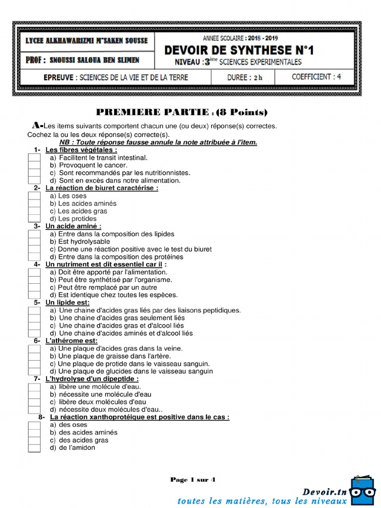 Devoir de Synthèse N°1 Correction 2018 2019 (Mme Snoussi) | PDF