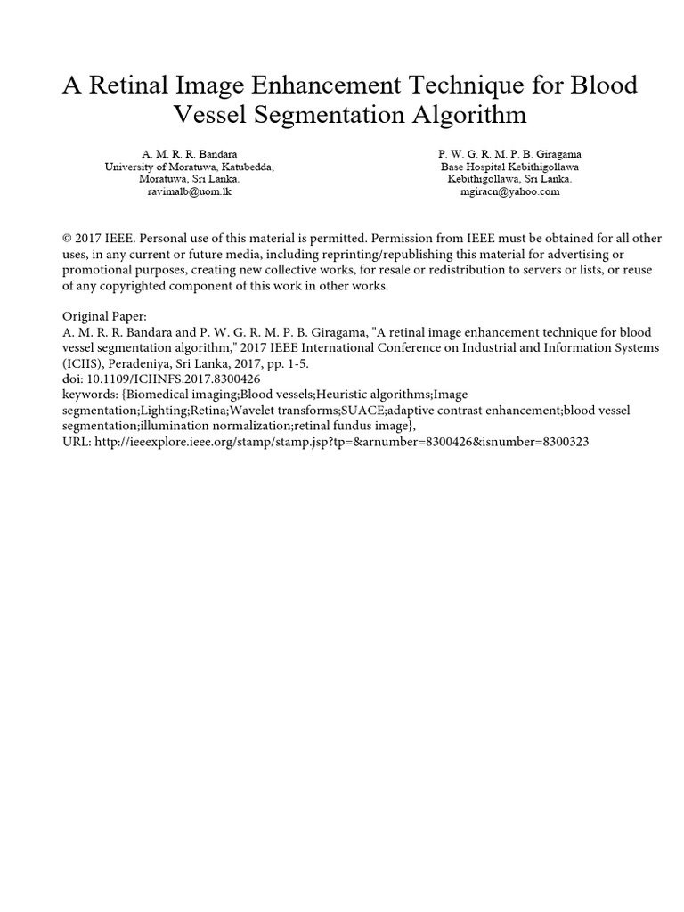 A Retinal Image Enhancement Technique For Blood Vessel Segmentation Algorithm | PDF | Image ...