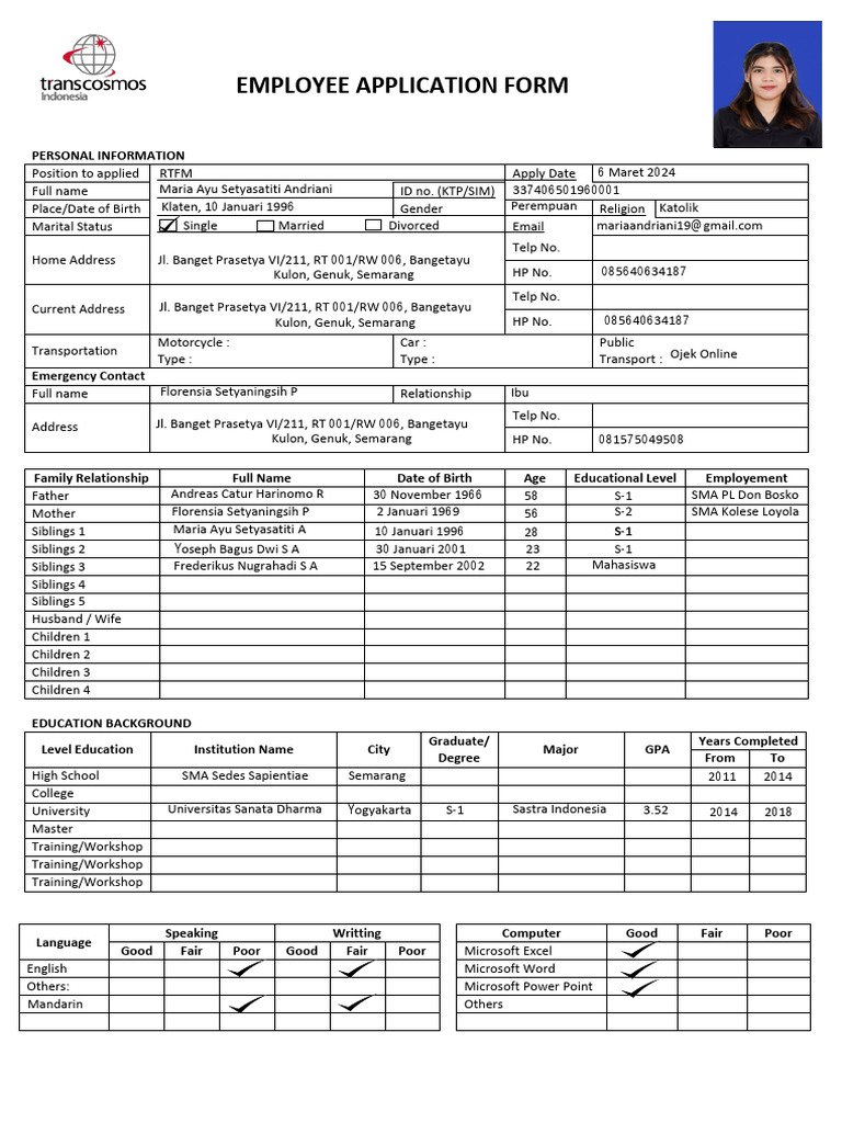 HRC - Forms - Employee Application Maria Ayu | PDF | Recruitment | Business