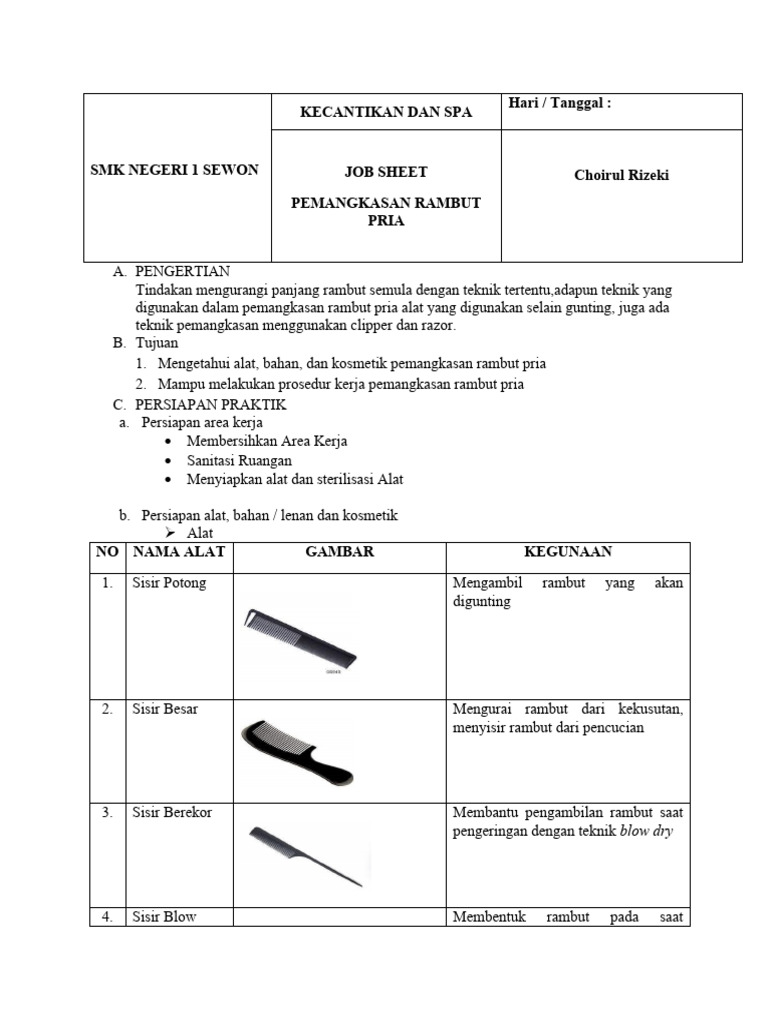 Jobsheet Pemangkasan, Pewarnaan Dan Penataan Artistik Pria | PDF