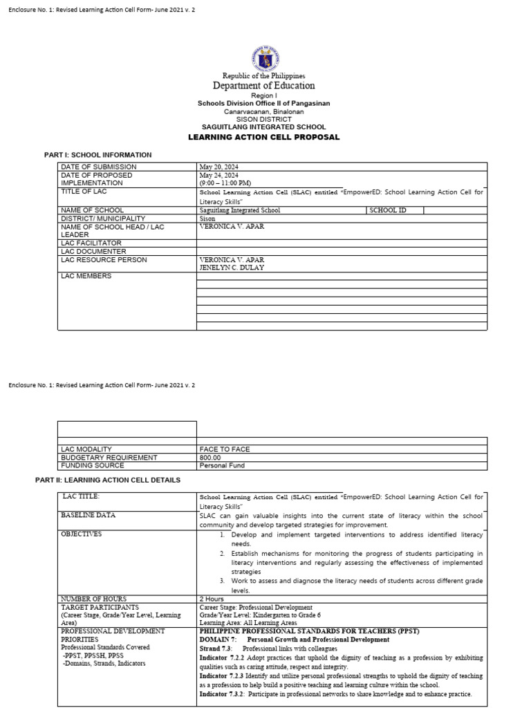 Lac Proposal Mam Veron On Literacy Leap | PDF | Teachers | Literacy