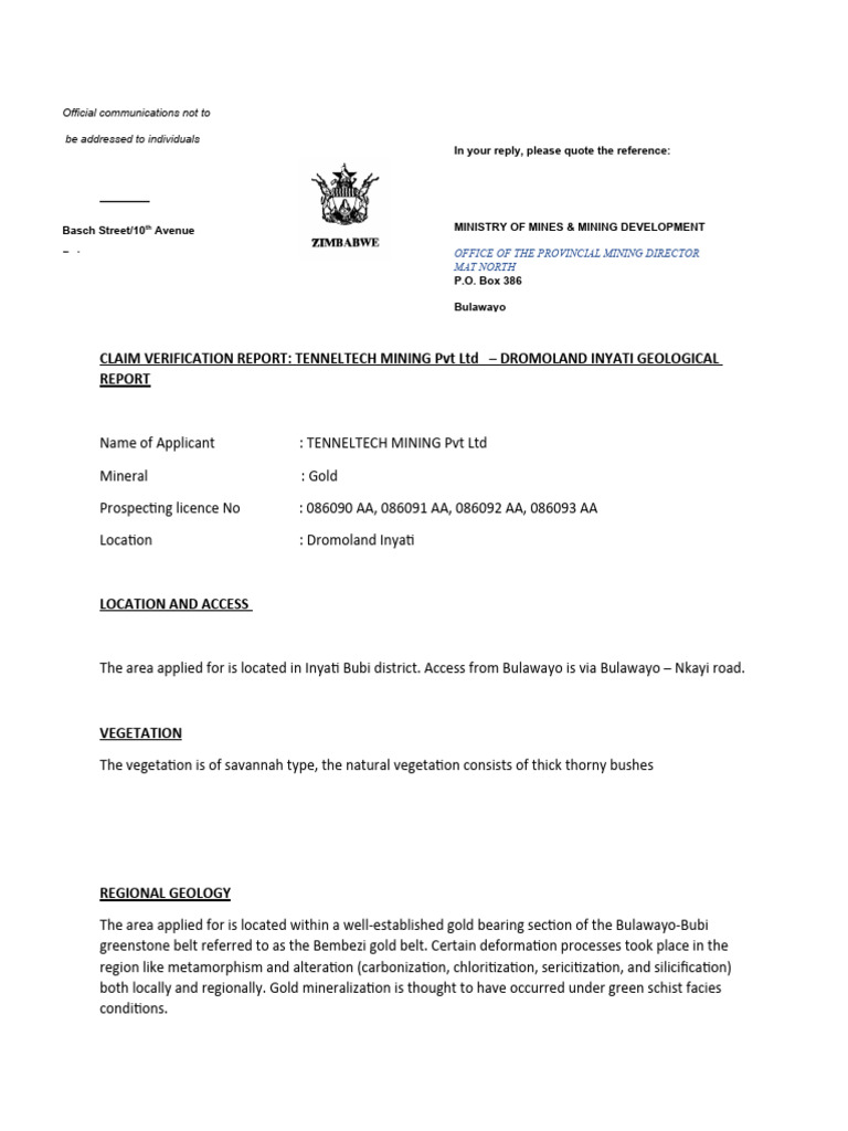 Dromoland Inyati Gold Claim Report | PDF | Geology | Earth Sciences