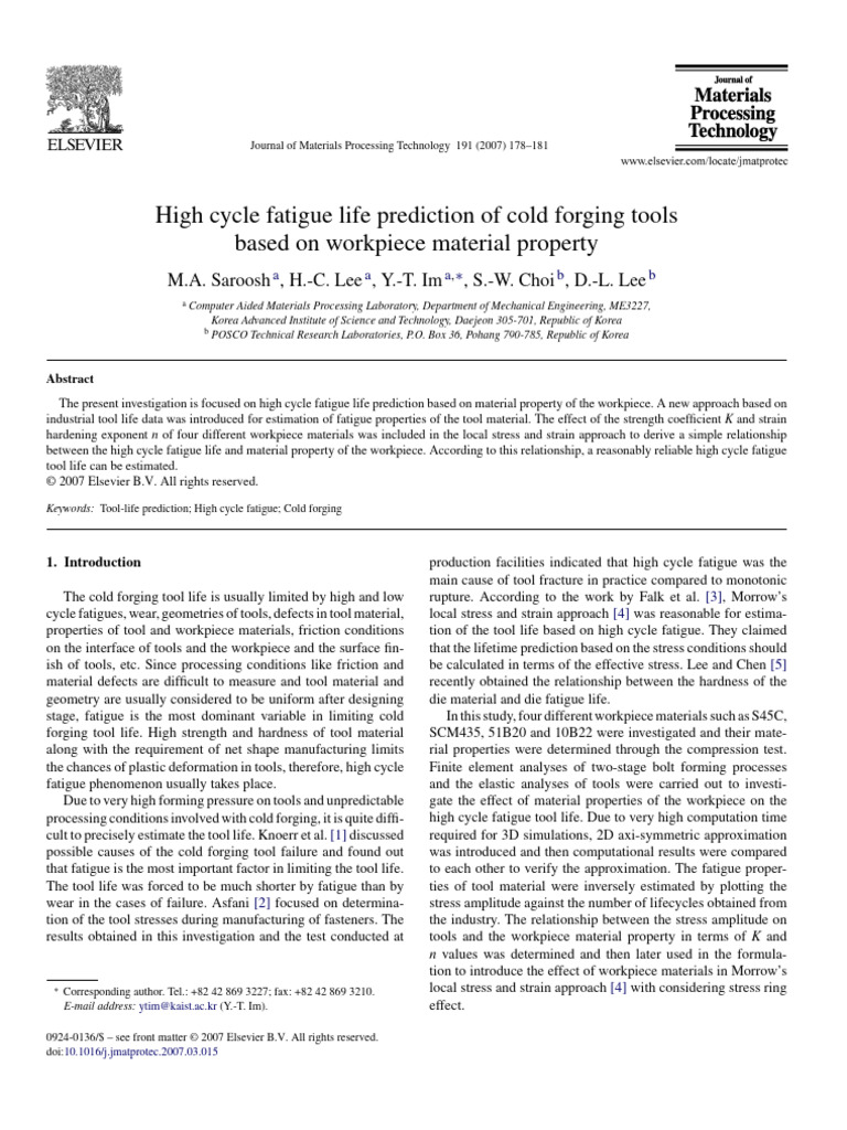 High Cycle Fatigue in Cold Forging Tools | PDF | Fatigue (Material ...