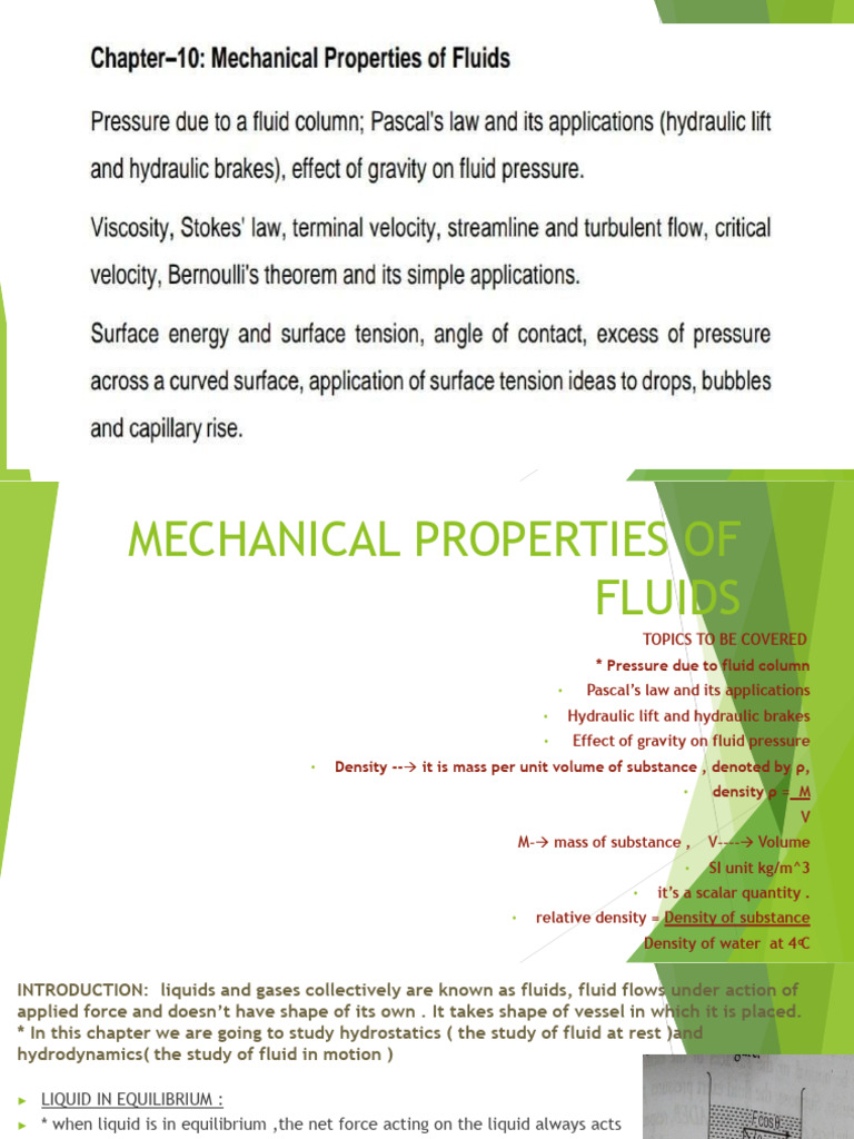 Mechanical Properties of Fluids Overview | PDF | Pressure | Surface Tension