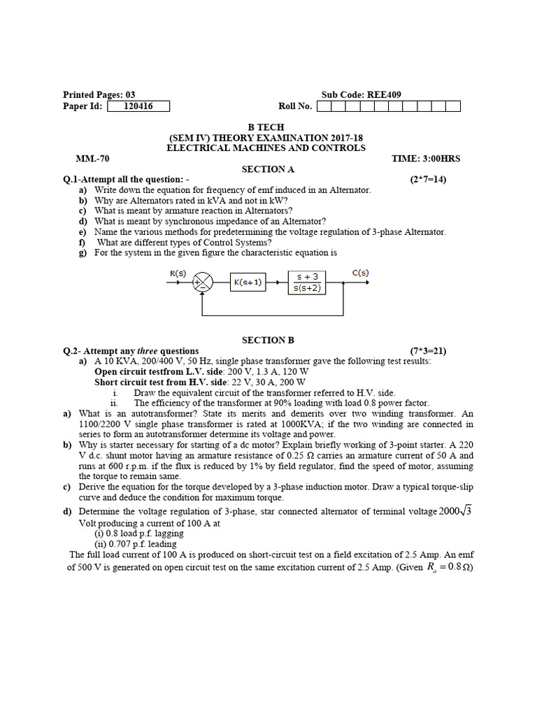 Electrical Machines and Control Systems Exam | PDF | Transformer ...