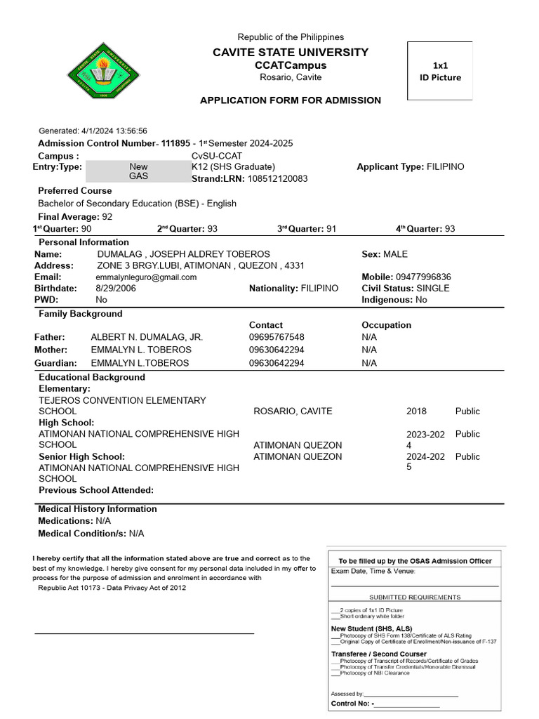 DUMALAG - Admission Form | PDF | Educational Stages