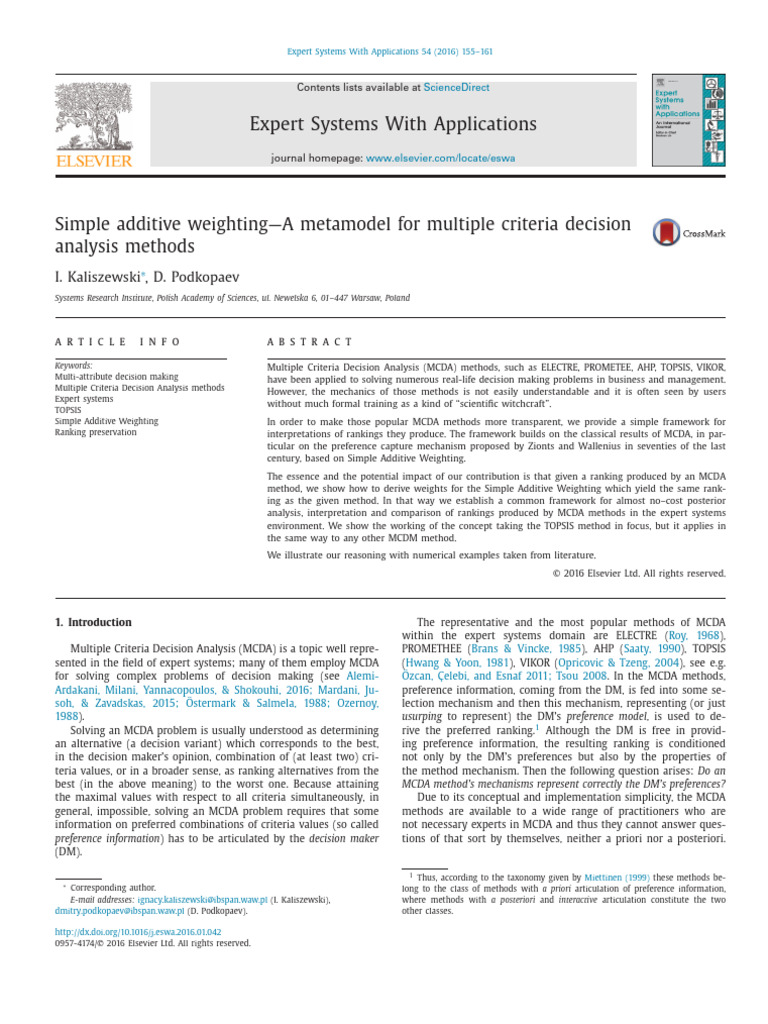 Simple Additive Weighting-A Metamodel For Multiple Criteria Decision | Download Free PDF ...