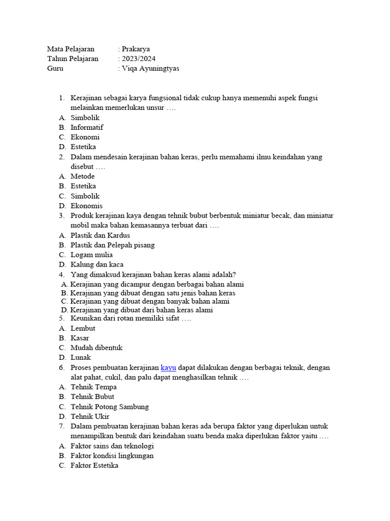 Soal Psaj Prakarya Kelas 9 | PDF