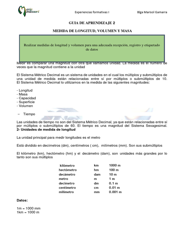 Guía de Medidas: Longitud, Masa y Volumen | PDF | Volumen | Kilogramo